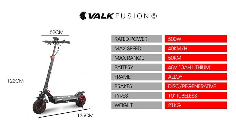 VALK Fusion 5 Electric Scooter, 500W, AU Compliant, 48V 13Ah Lithium ...